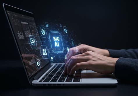 Hands Typing On Laptop With Holographic Big Ai Display And Technology Icons Generated Ai Stock