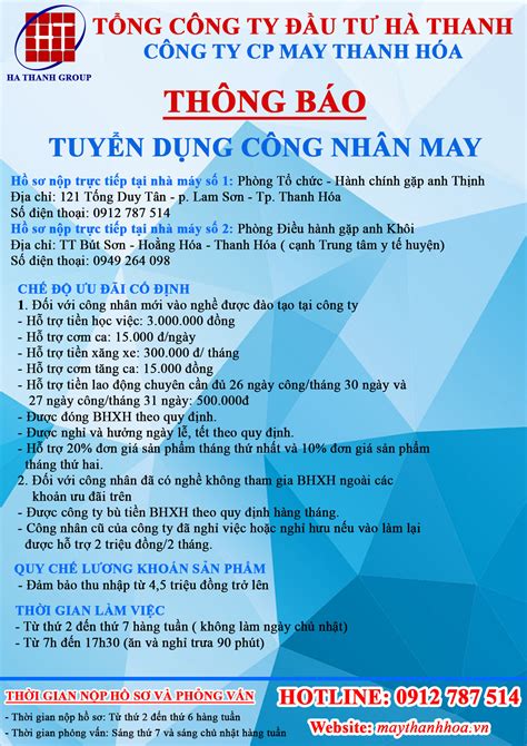 Tuyển dụng công nhân may tháng 10 Công ty cổ phần may Thanh Hóa
