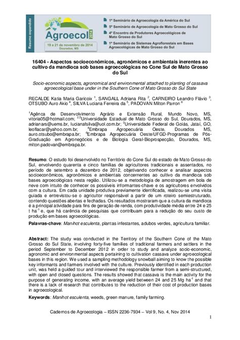 Pdf Aspectos Socioeconômicos Agronômicos E Ambientais Inerentes Ao