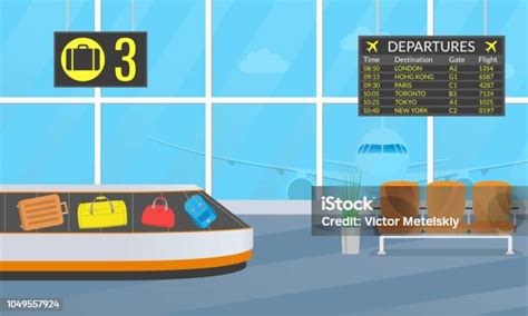 공항 터미널 인테리어의 자 수하물 또는 수하물 회전 목마에 대 한 출발 보드와 컨베이어 벨트 벡터 일러스트입니다 공항에 대한 스톡 벡터 아트 및 기타 이미지 Istock