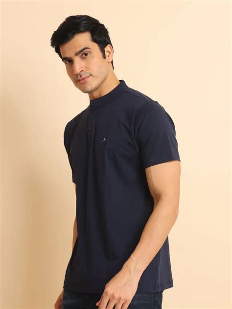 Round Cotton Bbhs8003 Navy Basic Stretchable Mandarin Collar Half