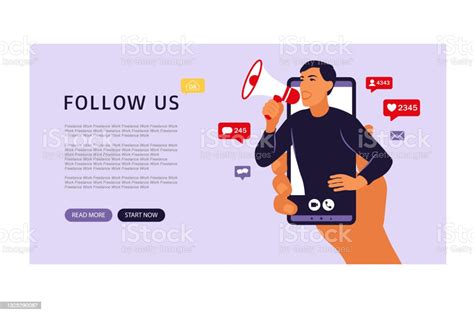 큰 소리로 외치는 남자와 함께 스마트 폰을 들고 손을 인플루언서 마케팅 소셜 미디어 또는 네트워크 프로모션 방문 페이지입니다 벡터 그림입니다 플랫 개념에 대한 스톡 벡터