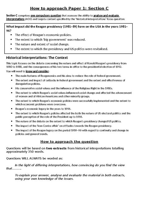 Section C Handout Summary And Exam Advice How To Approach Paper Section C Section C