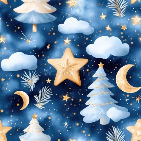 Festive Winter Wonderland Pattern With Golden Trees And Moon On A