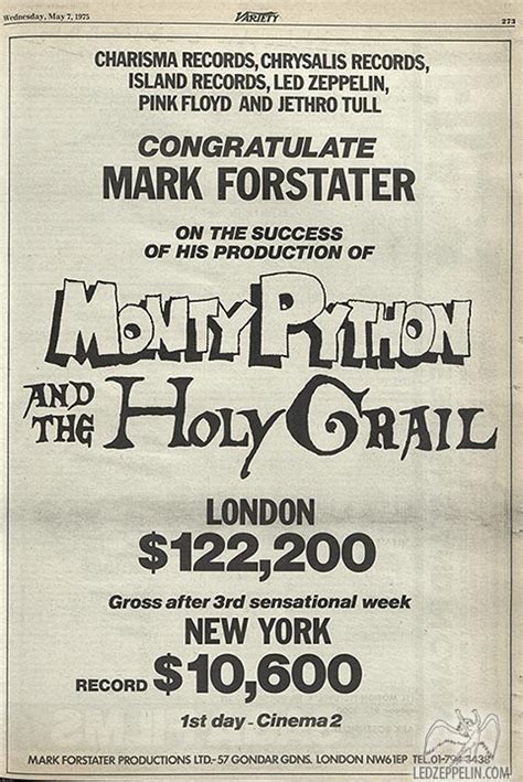 Led Zep Congratulate Monty Python And Holy Grail May 1975 Led Zeppelin