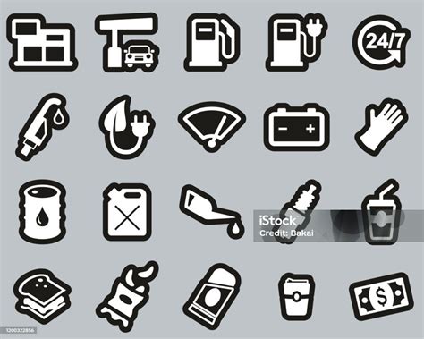 주유소 또는 가스 펌프 아이콘 흰색 에 검정 스티커 세트 큰 0명에 대한 스톡 벡터 아트 및 기타 이미지 0명 가득 찬