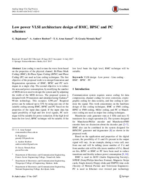Pdf Low Power Vlsi Architecture Design Of Bmc Bpsc And Pc Schemes