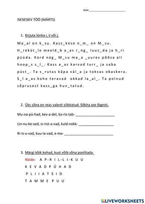 Eesti Keel 2 Klass Iseseisev Töö Märts Worksheet