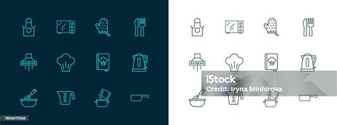 라인 교차 나이프와 포크 계량 컵 요리책 요리 냄비 향신료 요리사 모자 오븐 장갑 주방 앞치마 및 전자 레인지 아이콘을 설정합니다 벡터 가정 생활에 대한 스톡 벡터 아트 및