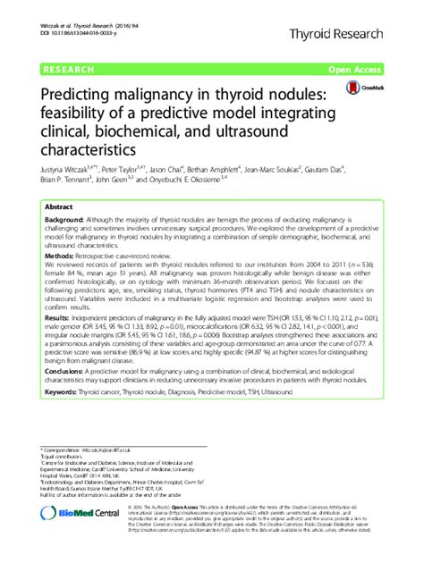 Pdf Predicting Malignancy In Thyroid Nodules Feasibility Of A Predictive Model Integrating