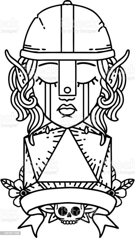 흑백 문신 라인 워크 스타일 우는 엘프 전투기 캐릭터 얼굴 자연스러운 하나 D20 롤 검은색에 대한 스톡 벡터 아트 및 기타 이미지 검은색 군용헬멧 굴리기 Istock