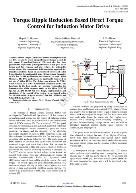Pdf Ijert Torque Ripple Reduction Based Direct Torque Control For