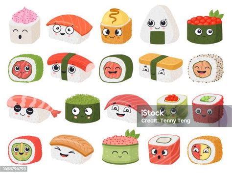 만화 일본 음식 재미있는 마스코트 귀여운 아시아 요리 초밥 오니기리와 얼굴 감정 표현 평면 벡터 일러스트 세트 아시아 요리 귀여운 캐릭터 스시 바에 대한 스톡 벡터 아트 및