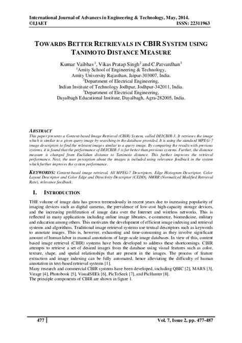 Pdf Towards Better Retrievals In Cbir System Using Tanimoto Distance Measure
