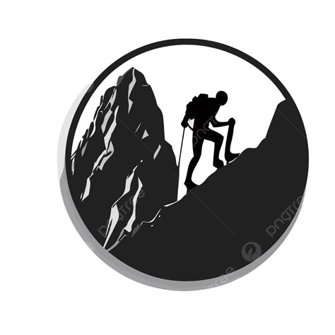 산 언덕을 오르는 산악인의 실루엣 벡터 흰색 배경에 등반의 단순한 검은색 아이콘 그림자 없음 작은 프레임 중앙 Png 일러스트 및 벡터 에 대한 무료 다운로드