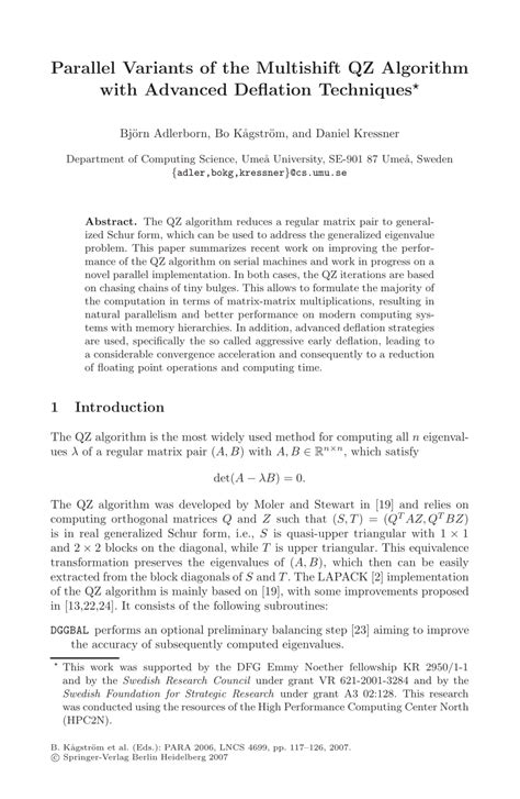 Pdf Parallel Variants Of The Multishift Qz Algorithm With Advanced