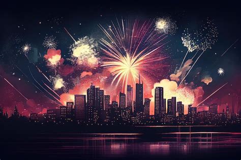 Premium Ai Image City Skyline At Night With Fireworks Exploding In