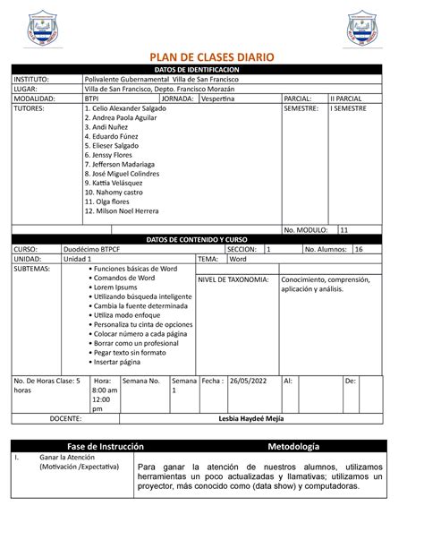 Formato Plan De Clase Tes 2022 Plan De Clases Diario Datos De