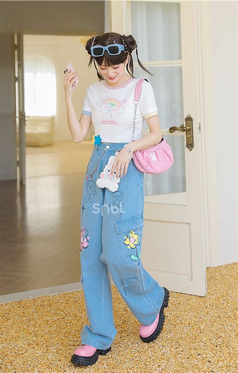 Rainbow Flower Print High Rise Jeans Kawaii Fashion Shop Cute Asian