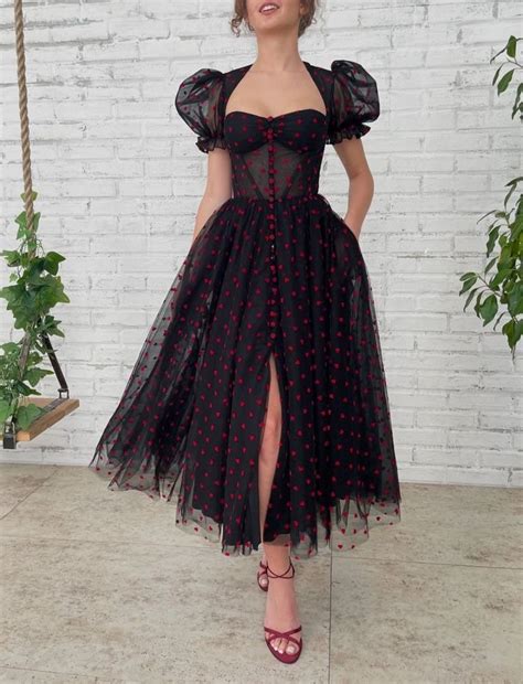 Beautiful Vintage Red Black Dress Chic Lace Black Dress With Puff