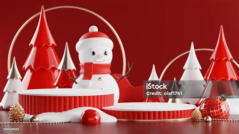 3d 렌더링 일러스트레이션 연단 겨울 크리스마스 축제 크리스마스 트리 산타 클로스 선물 상자 리본 공 눈 제품 판촉 판매 프리젠 테이션 받침대 배경색에 3d 렌더링 12월에