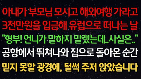 실화사연 아내가 부모님 모시고 해외여행 가라고3천만원을 입금해 유럽으로 떠나는 날형부 언니가 말하지 말랬는데사실은