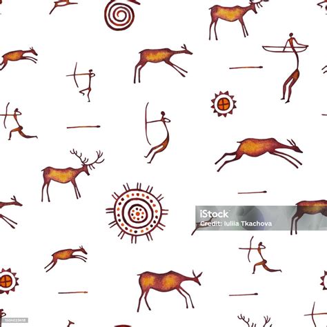 사슴의 동굴 그림 활로 사냥하는 사람들 태양의 원시적인 이미지 흰색 배경에 나선형으로 구성된 분리된 수채화 세트로 구성된