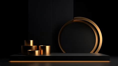 Product Showcase 3d Rendered Empty Podium With Dark And Gold Abstract