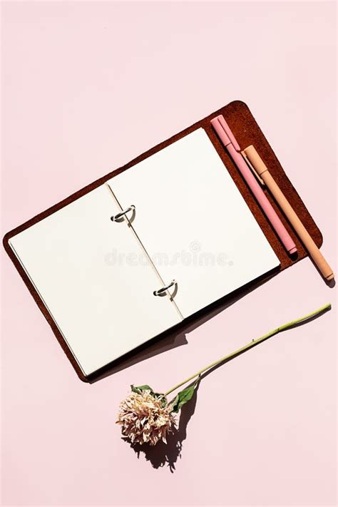 Open Notebook With Blank Pages Pen And Dried Flower Creativity And