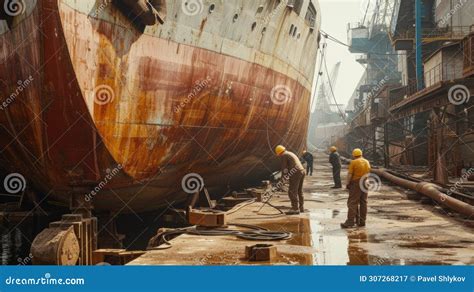 Worker Cleans The Hull Of An Old Ship From Rust Vessel Renovation Stock Image Image Of