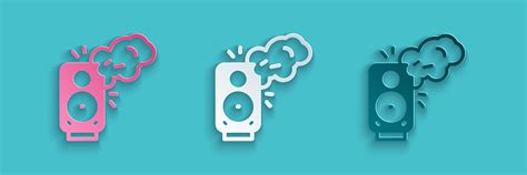 파란색 배경에 격리된 스테레오 스피커 아이콘을 종이 잘라냅니다 사운드 시스템 스피커 음악 아이콘입니다 음악 기둥 스피커베이스 장비 종이 아트 스타일 벡터 3차원 형태에 대한