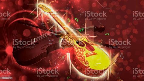 음악 노트와 검은 배경에 어쿠스틱 클래식 기타와 바이올린 3차원 형태에 대한 스톡 사진 및 기타 이미지 3차원 형태 개념 검은색 Istock