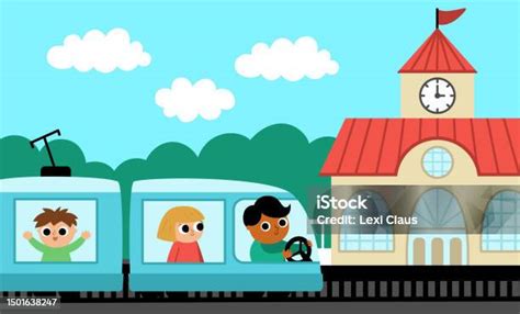 기차를 운전하는 남자와 기차역에 도착하는 승객이 있는 벡터 수평 장면 도시 또는 국가 교통 그림입니다 귀여운 아이가 교통편을