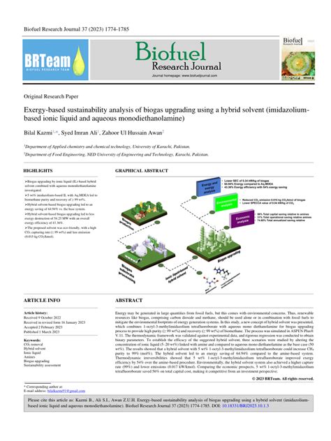 Pdf Exergy Based Sustainability Analysis Of Biogas Upgrading Using A Hybrid Solvent
