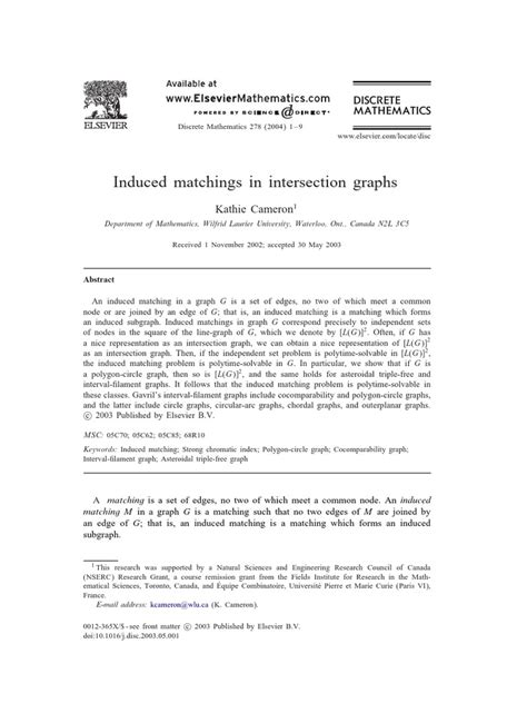 Induced Matchings In Intersection Graphs2004discrete Mathematics Pdf