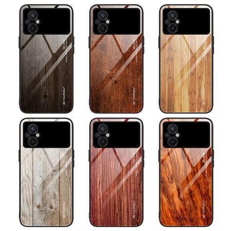 For Xiaomi Poco M5 Wood Grain Glass Phone Case Black