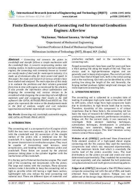 Pdf Irjet Finite Element Analysis Of Connecting Rod For Internal Combustion Engines A Review