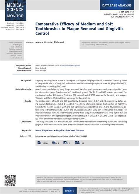 Pdf Comparative Efficacy Of Medium And Soft Toothbrushes In Plaque Removal And Gingivitis Control