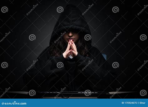 Female Hacker Hacking Security Firewall Late In Office Stock Image