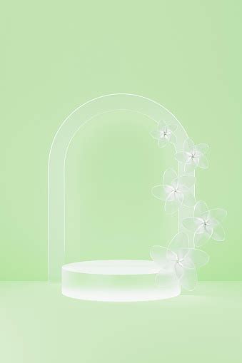 3d 사실적인 시상대 배경 녹색에 젖빛 유리 원통형 시상대 유리 봄 꽃 빛나는 빛나는 아치 모형 3d 렌더링 배치 제품 프레젠테이션 받침대를 위한 꽃 무대 3차원 형태에