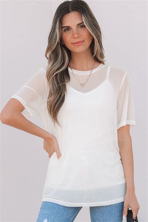 White Solid Color Sheer Mesh Patchwork Short Sleeve Top Emmelines