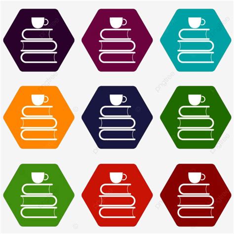 Stack Of Books And White Cup Icon Set Many Color Hexahedron Isolated On