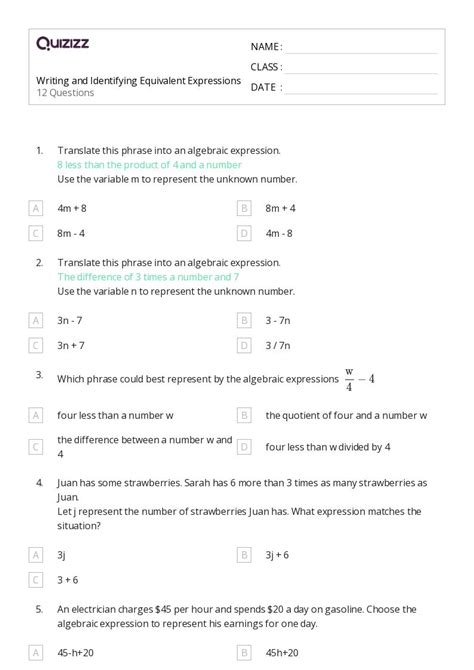 50 Equivalent Expressions Worksheets For Kindergarten On Quizizz