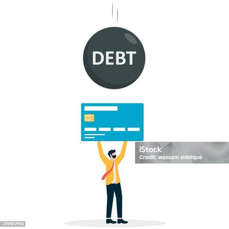 빚의 쇠덩이를 밀고 있는 사람이 신용카드에 부딪히는 모습은 빚의 부담에 대한 은유입니다 단순하고 평면적인 개념 그림입니다 광고에 대한 스톡 벡터 아트 및 기타 이미지