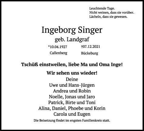 Traueranzeigen Von Ingeborg Singer Trauer Anzeigen De