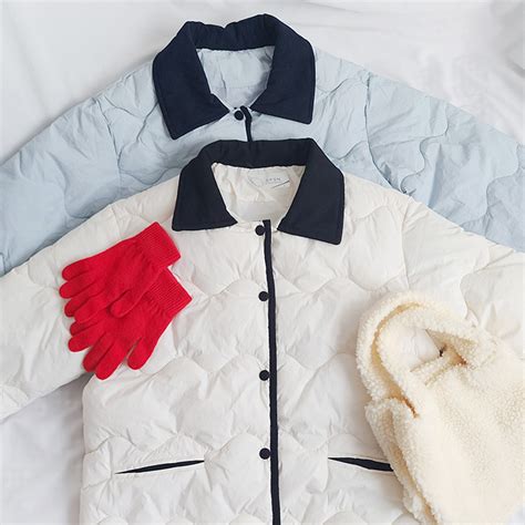 지니앤히 배색 골덴 카라넥 버튼 누빔 루즈핏 웰론 퀄팅 겨울 여성 패딩 점퍼