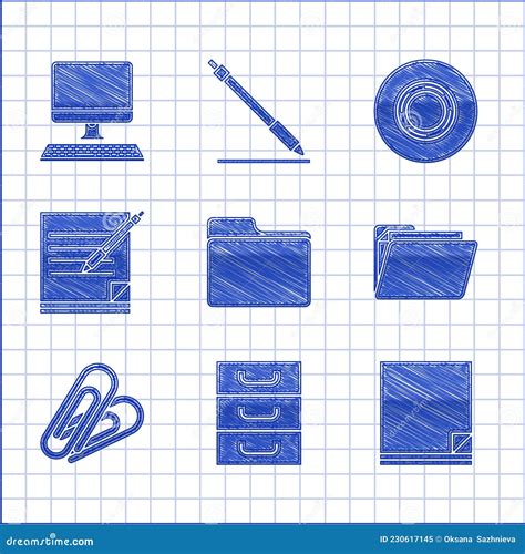 Set Document Folder Drawer With Documents File Paper Clip Blank