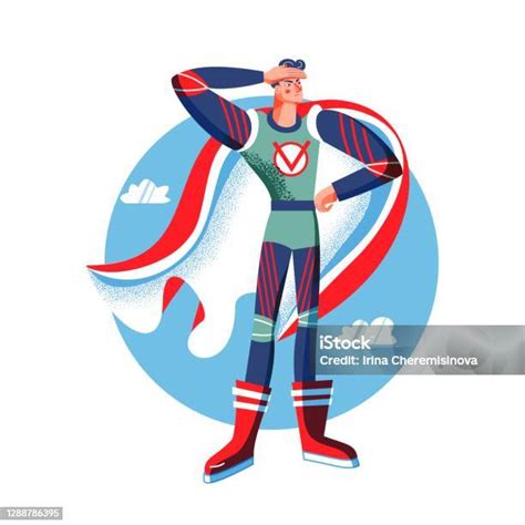 의상 사고의 남성 슈퍼 히어로 케이프 벡터 일러스트와 슈퍼맨 푸른 하늘 배경에 포즈를 취하는 힘을 가진 만화 만화 남자 용감한