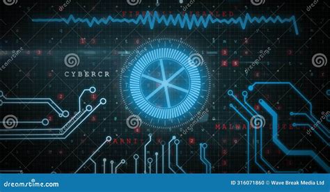 Image Of Scope Scanning And Cyber Attack Warning Text On Black Background Stock Illustration