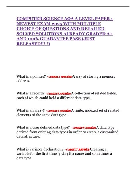 Computer Science Aqa A Level Paper 1 Newest Exam 2025 With Multiple Choice Of Questions And